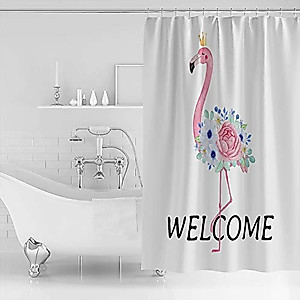 Shower Curtain, Summer Theme Pink Flamingo with Rose Washable Shower Curtain with Hooks Bath Decor Fabric Shower Curtains for Bathroom, Hotel, Stalls, Bathtubs, 72x78 in