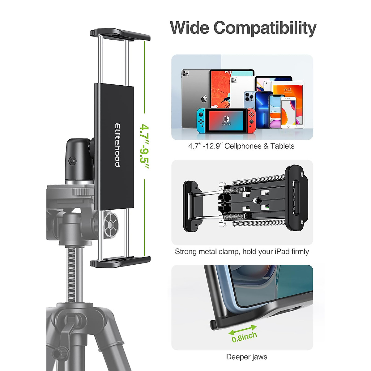 Elitehood 68" Heavy Duty iPad Tripod, Ultra-Stable Camera Tripod for iPad Pro 12.9, iPad Tripod Stand Mount for Video Recording/Photography, Compatible with 4.7-13inch Tablet/iPad Pro/Webcam/DSLR