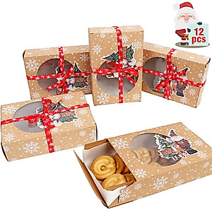 OurWarm 12pcs Christmas Cookie Gift Boxes Treat Boxes for Holiday Gift Giving and Christmas Party Supplies, Christmas Kraft Paper Food Bakery Boxes with Clear Window, Oilpaper and Ribbons