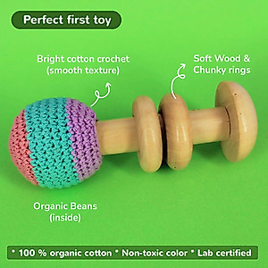 Shumee Crochet Handmade Wooden Rattle for Babies - Perfect Montessori Toys|Grasping Teething Toy for Babies, Wooden Ring Rattle Teether Chew Wood Beads Rattling Teething Gym Toys|Baby Birthday Gifts
