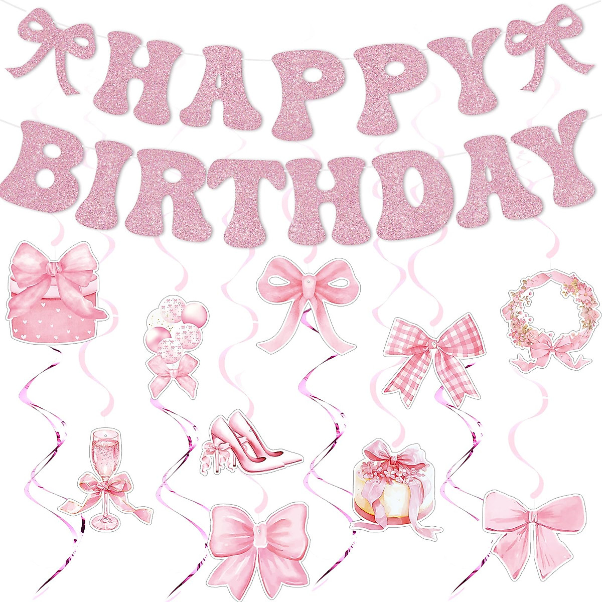 25 Pcs Coquette Birthday Decorations Glitter Happy Birthday Banner Pink Bow Hanging Swirls Pink Bow Birthday Decorations Bow Themed Party Decor for Baby Shower Girls Women Birthday Party Supplies