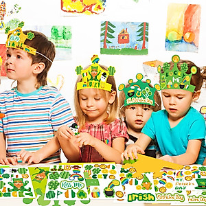FANCY LAND Craft Kit, 24pcs St. Patrick’s Day Paper Crown & Stickers, Shamrock Party Favors, Kids DIY Irish Themed Hat, Adjustable & Durable