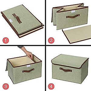 UUJOLY Large Storage Bins Linen Fabric Foldable Basket Cubes Organizer Storage Box Drawer with Lid and Handles for Home, Office, Closet, Bedroom, Nursery（(Green-2pcs)）