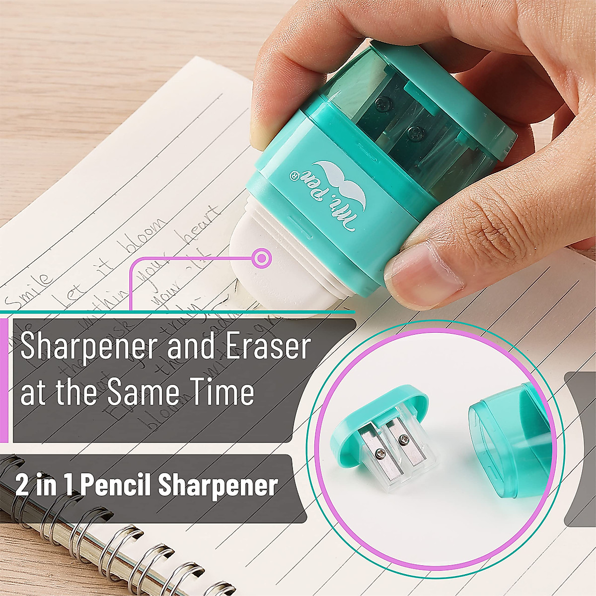 Mr. Pen- Pencil Sharpener & Eraser, 4 Pack, Colorful, 2 Sharpening Holes, Pencil Sharpeners Manual, Manual Pencil Sharpener, Pencils Sharpener, Handheld Pencil Sharpener, Small Pencil Sharpener