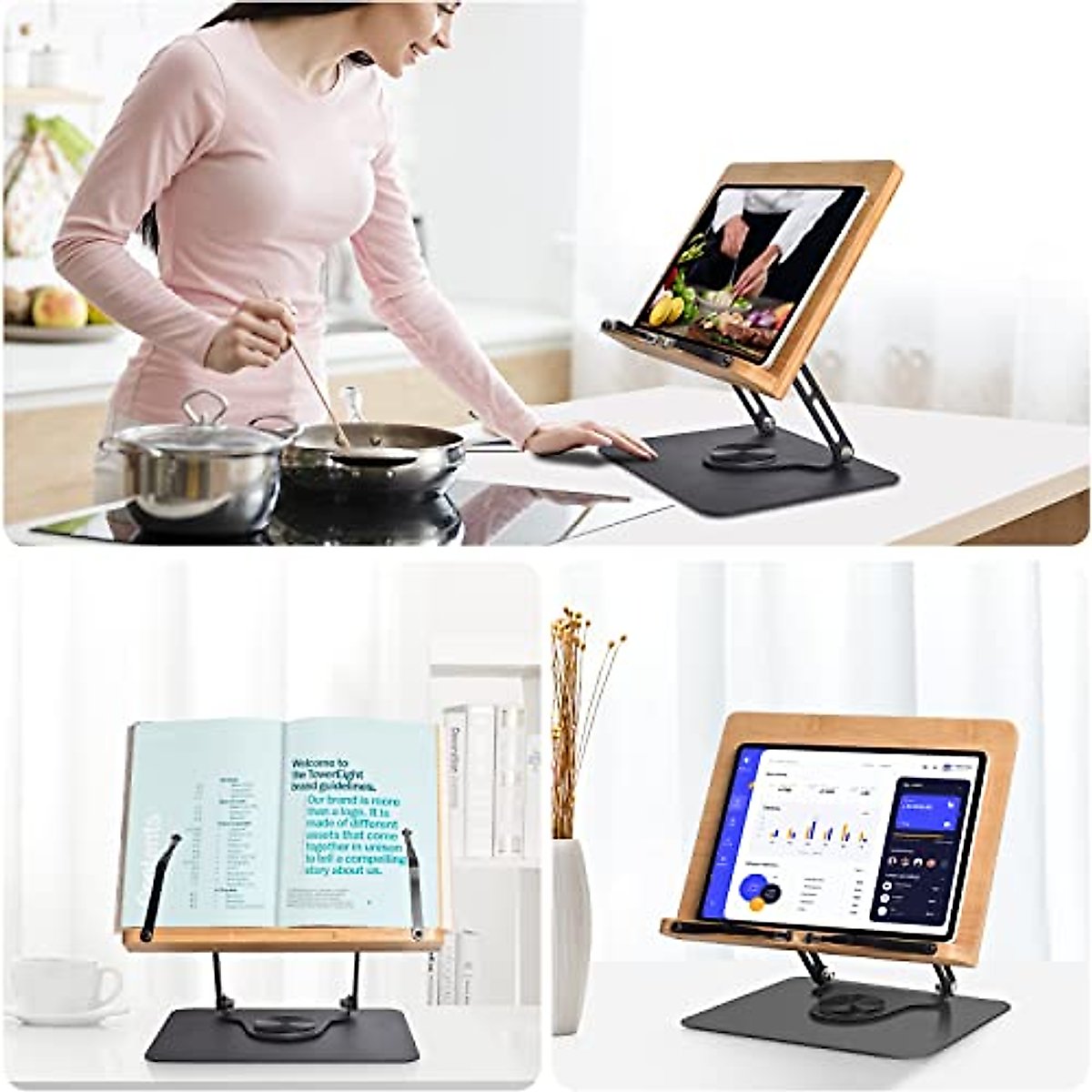 wishacc Book Stand for Reading, 360° Rotating Base & Page Clips, Adjustable Rotating Foldable Bamboo Reading Stand