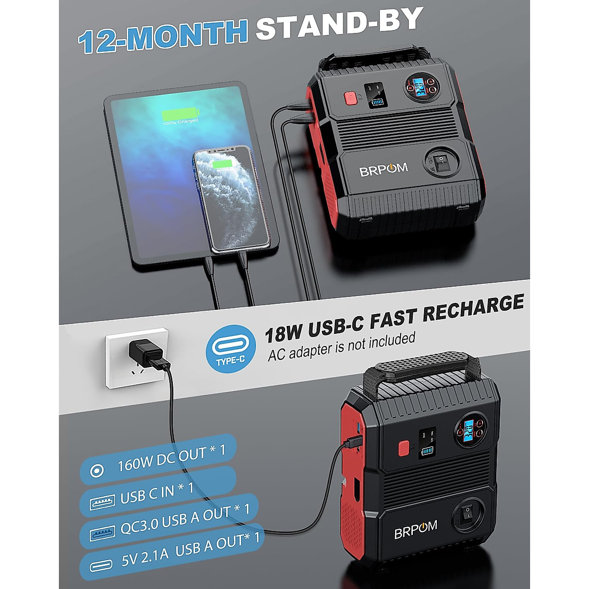 Car Jump Starter with Air Compressor, 150PSI 7000A Peak 24000mah (Up to All Gas or 8.0L Diesel Engine, 50 Times) Portable Jump Starter 12V Auto Battery Jump Pack QC 3.0 with 160W DC Out