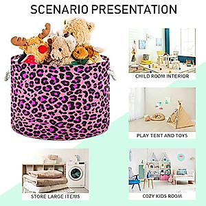 Kigai Storage Basket Pink Purple Leopard Round Toy Baskets Foldable Nursery Organizer Waterproof Inner Layer with Sturdy Handles Clothes Laundry Hamper Bin