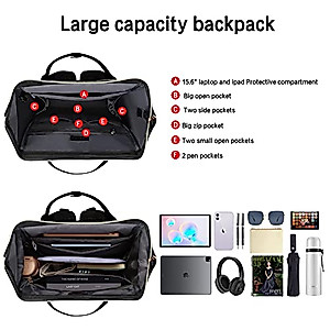 LGEVOEOER Laptop Backpack for Women 15.6inch, Black Teacher Backpack Nurse Bags Waterproof Computer Bookbags for College School Work with USB Charging Port