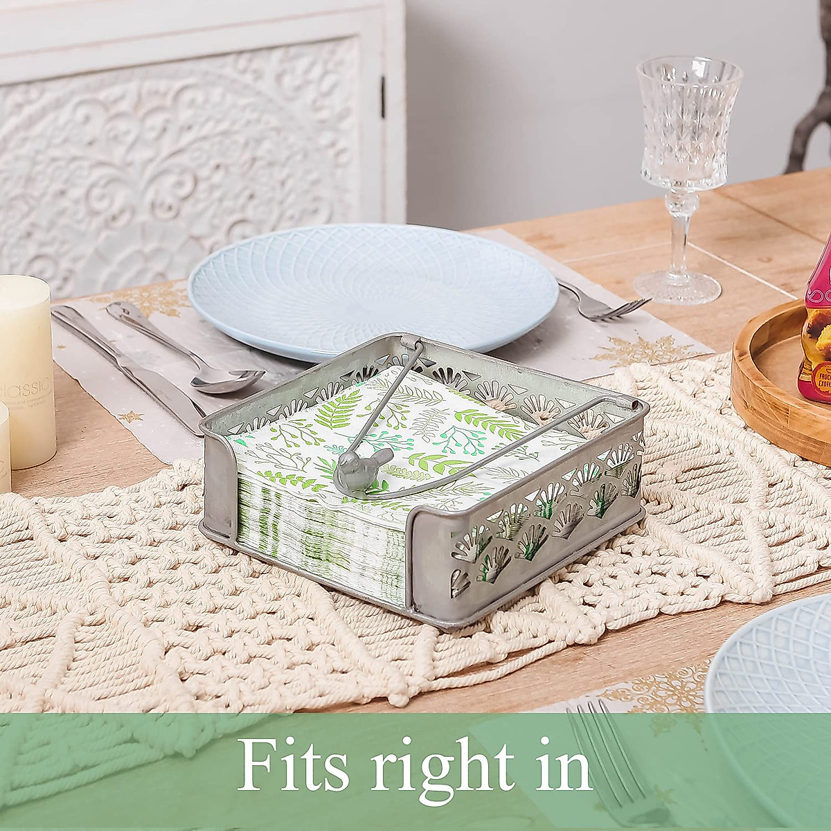 NIKKY HOME Farmhouse Rustic Flat Napkin Holder, Galvanized Metal Napkin Caddy with Bird Weight Ball