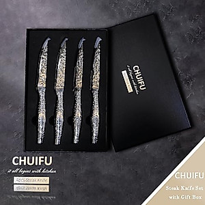 CHUIFU Steak Knives, Steak Knives Set of 4, 4.5 Inch Stainless Steel Serrated Steak Knife, Hammered Pattern Hollowed Handle, Steak Knife Set with Gift Box