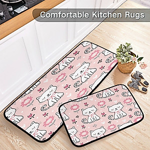 Pink Cat Flower Kitchen Rug Mats 2PCS Non Slip 47" x 20" + 28" x 20" Kitchen Carpet Floor Mat Hallway Rugs Anti Fatigue Doormat