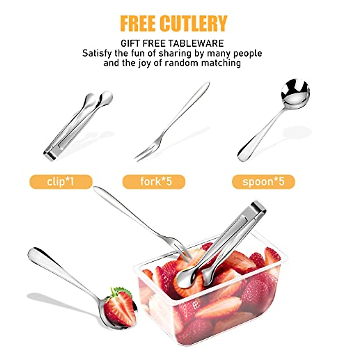 [Stainless Steel] 5 Spoons, 5 Forks and 1 Clip, Condiment Tray, Condiment Server, Caddy, Bar Garnish Holder on ice,Bar Accessories Fruit and Salad with Removable Trays with lid