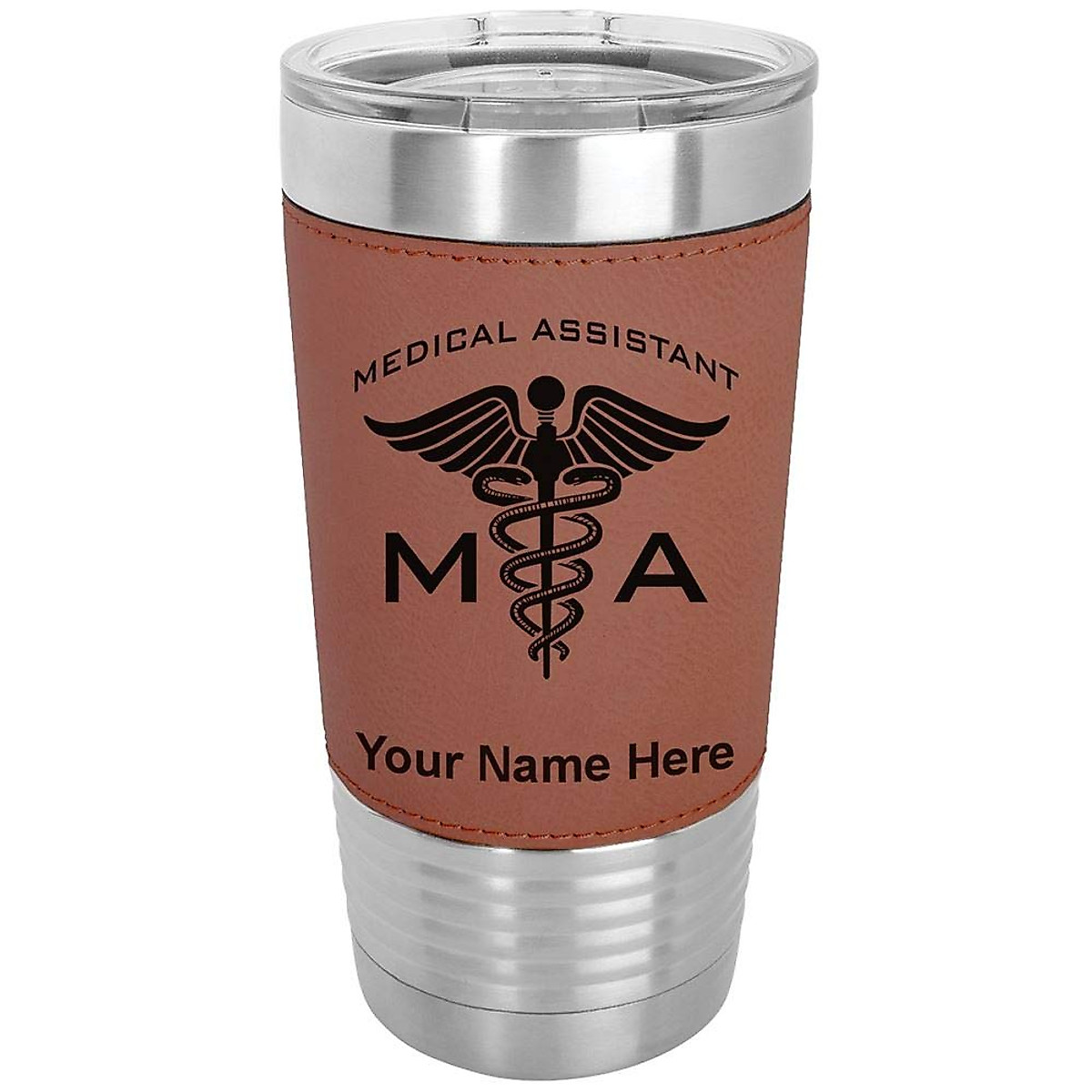LaserGram 20oz Vacuum Insulated Tumbler Mug, MA Medical Assistant, Personalized Engraving Included (Faux Leather, Dark Brown)