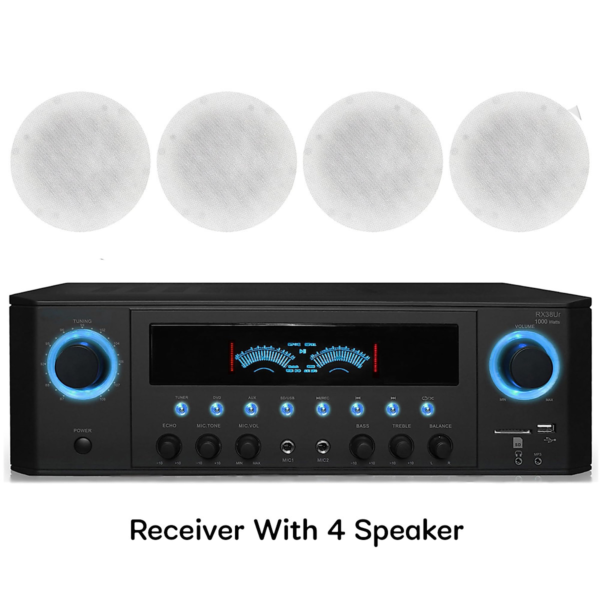 Home Theater System Kit 1000 Watts Professional Home Stereo Receiver with (Qty 4) 5.25” 175 Watts in-Wall in-Ceiling Speakers & Remote Control - Perfect for Home/Office/Bar by Technical Pro