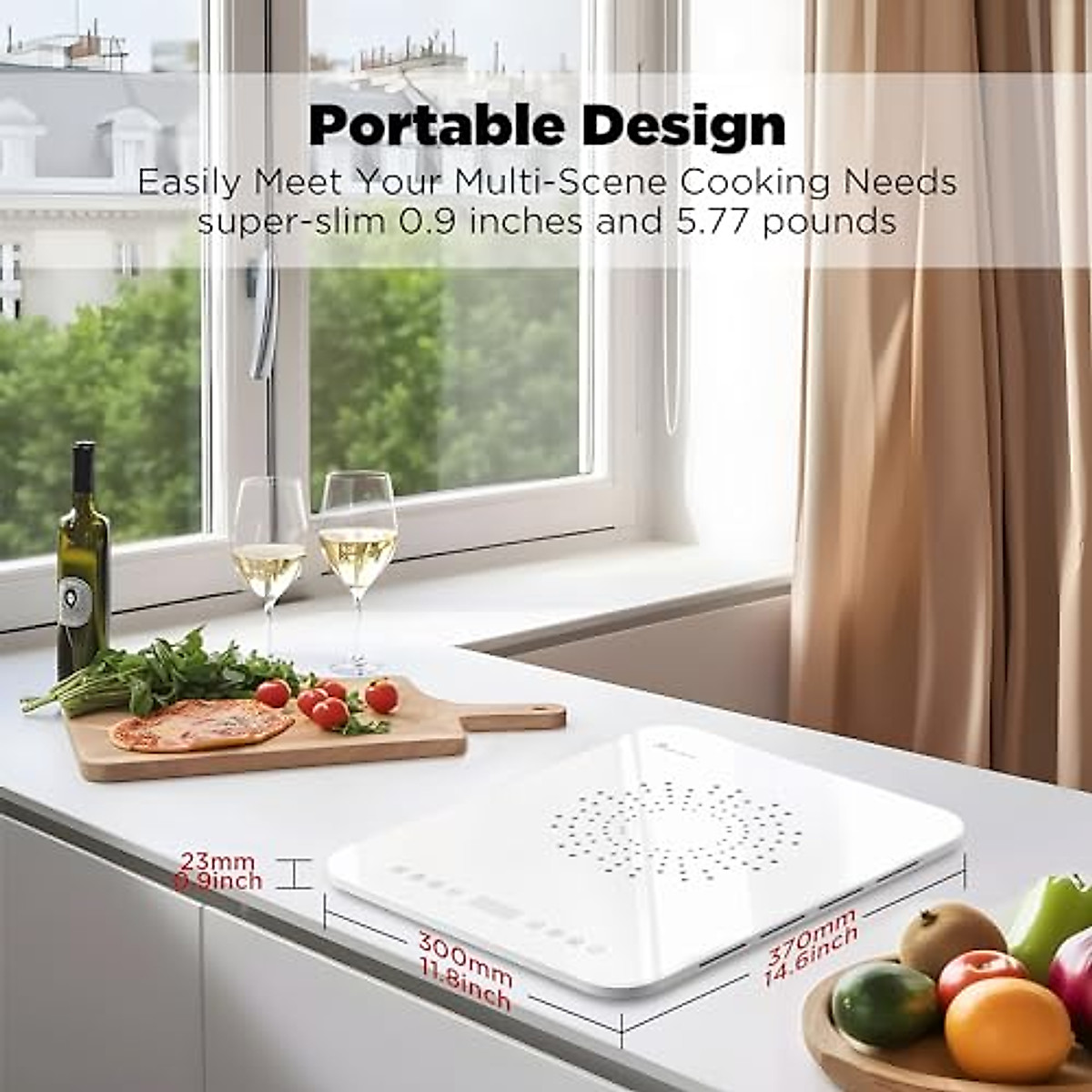 Portable Induction Cooktop, Countertop Induction Burner 0.9" Ultra-thin, Low Noise, 1200W Induction Hot Plate with Multi-safety Protection, 10 Power Setting, Timer, 110~120V White