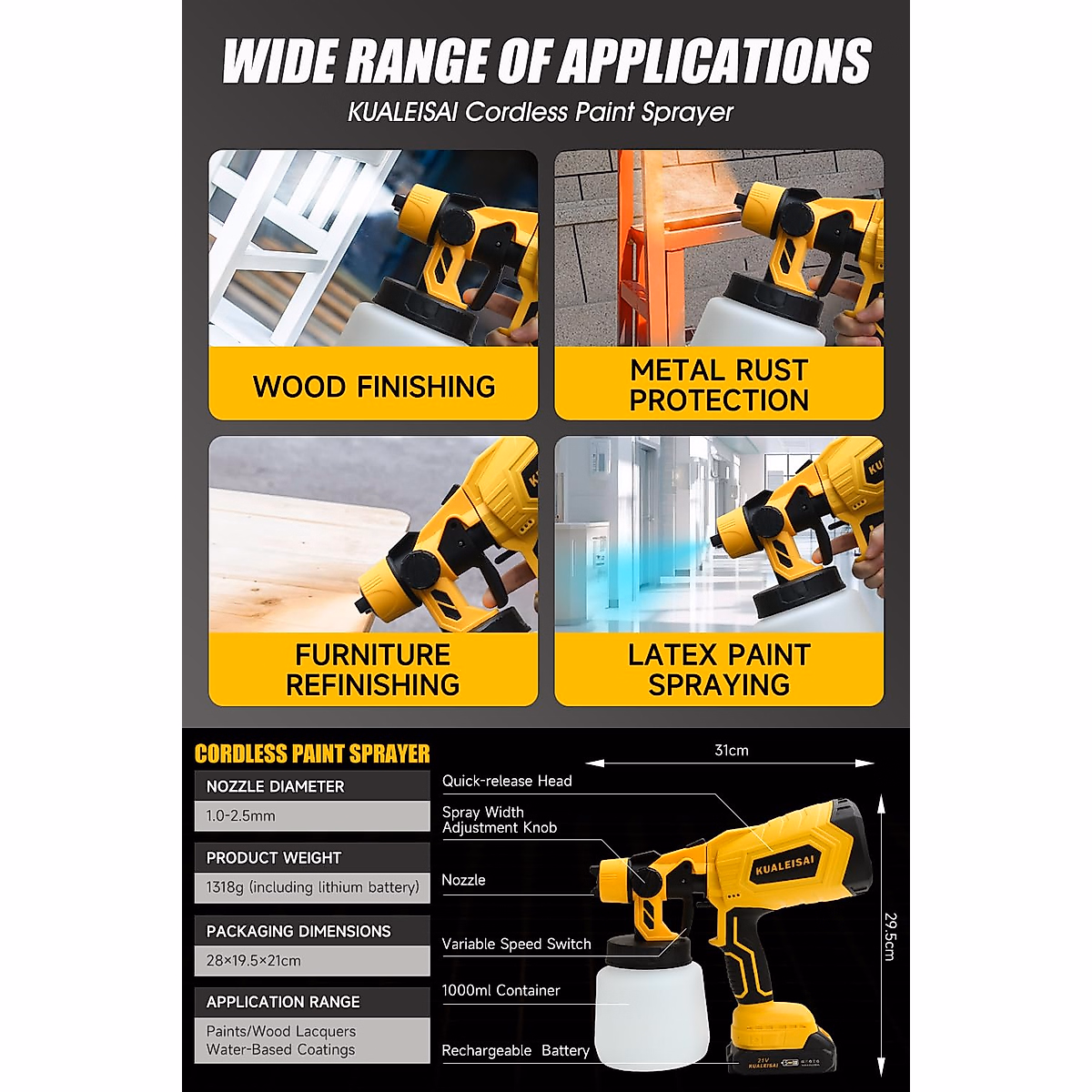 Cordless Paint Sprayer with 2 Batteries， HVLP Electric Paint Gun with 1000ML Container, 4 Copper Nozzles & 3 Spray Patterns