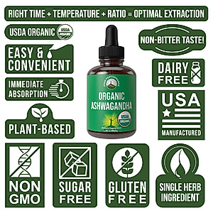 Ashwagandha Liquid Drops. USDA Organic Vegan Supplement. Extra Strength Ashwagandha Root Extract For Women, Men, Kids. With Adaptogens. Zero Sugar, Organic, Gluten Free Tincture Supplements.
