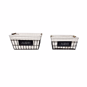 Rae Dunn Wired Storage Baskets Set of 2 - Rustic Organizers with Fabric and Metal Lining – Stylish Supply Bin for Bathroom, Laundry Room, Closet, Nursery - Cute Home Décor with “Organize” Sign