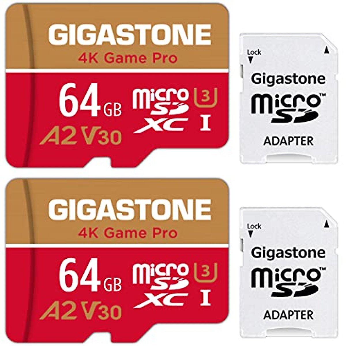 [5-Yrs Free Data Recovery] Gigastone 64GB 2-Pack Micro SD Card, 4K Game Pro, MicroSDXC Memory Card for Nintendo-Switch, GoPro, Security Camera, DJI, UHD Video, R/W up to 95/35MB/s, UHS-I U3 A2 V30 C10