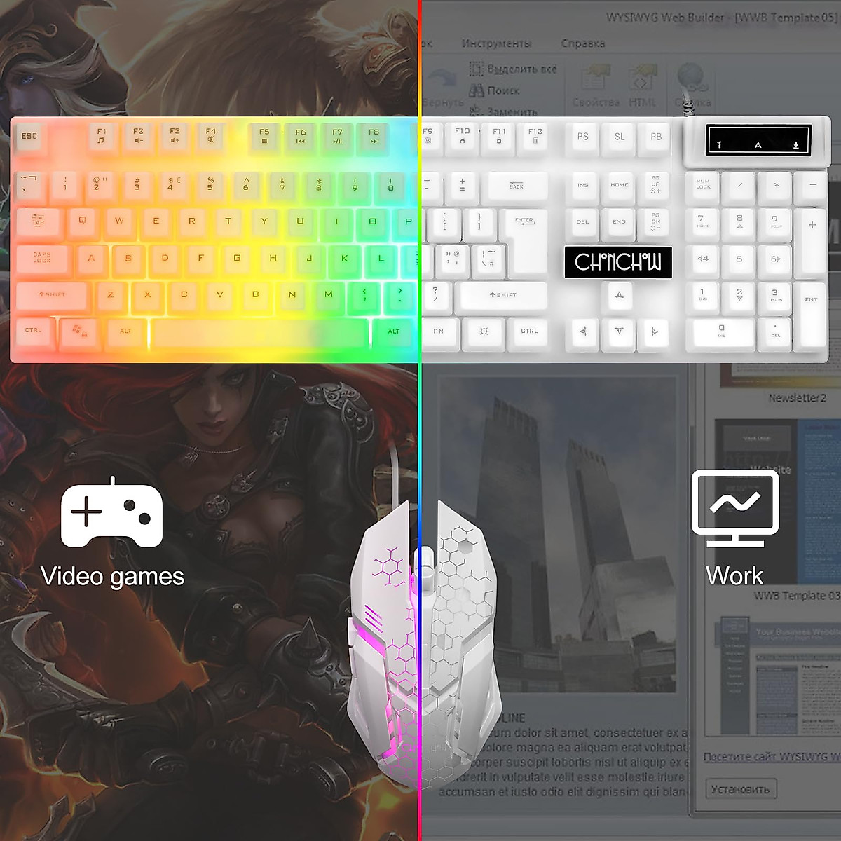 CHONCHOW LED Keyboard and Mouse, 104 Keys Rainbow Backlit Keyboard and ...