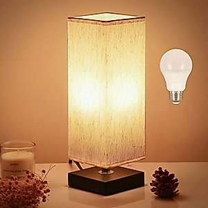 Bedside Table Lamp - Small Bedroom Lamps for Nightstand, 3-Color Options Solid Wood Lamp with Fabric Shade, Minimalist Desk Reading Lamps for Kids Room Living Room Office Dorm (LED Bulb Included)