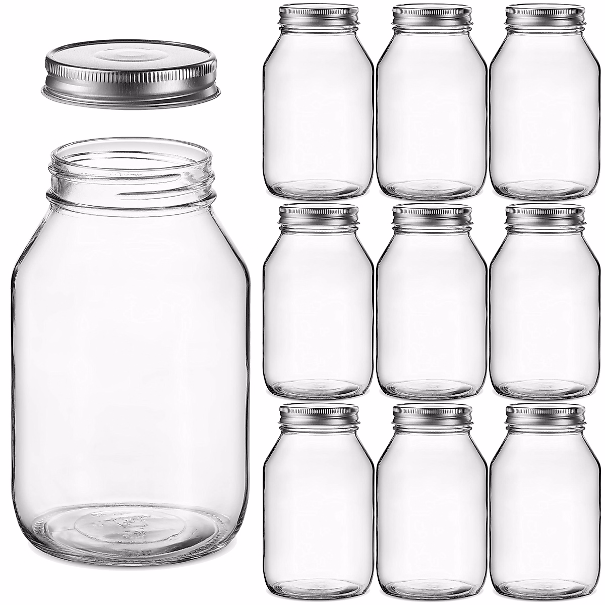 Glass Regular Mouth Mason Jars, Glass Jars with Silver Metal Airtight Lids for Meal Prep, Food Storage, Canning, Drinking, Overnight Oats, Jelly, Dry Food, Spices, Salads, Yogurt (10 Pack) (32 Ounce)