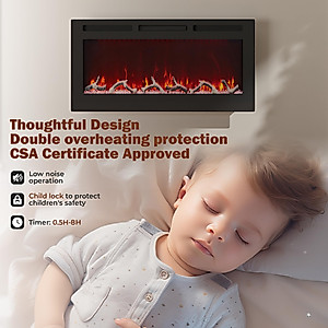 36 Inch Electric Fireplace Recessed and Wall Mounted, LED Linear Fireplace with Remote Control Ultra-Thin and Low Noise 1500W Adjustable 6 Flame Options, Timer
