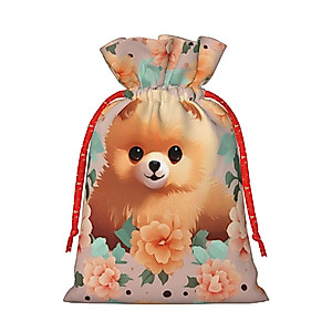 BTCOWZRV Pomeranians Cartoon Flowers Christmas Gift Bag with Drawstring Christmas Wrapping Bags Xmas Gift Bags Sack Bags Xmas Package Storage Bag Wrapping Sacks Pouches Xmas Party Holiday Gift Bags