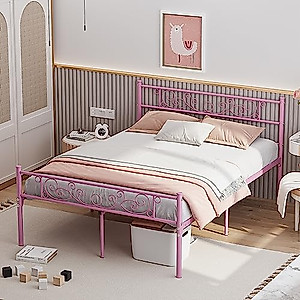 Elephance Full Size Bed Frame with Headboard and Footboard, Metal Platform Bed Frame with 14 Inch Storage Space No Box Spring Needed Easy Assembly for Adult Pink