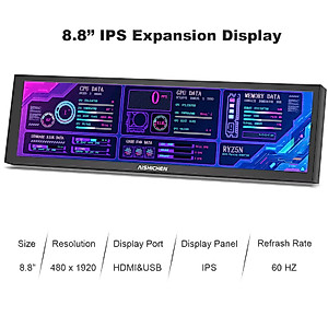 8.8 Inch PC Temperature Display With Case PC Sensor Panel Display Computer Temp Monitor IPS USB Mini Screen AIDA64 PC CPU RAM Data Monito Temperature Monitor for PC ARGB Computer Case Secondary Screen