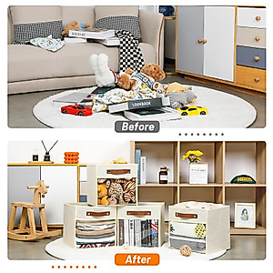 HNZIGE 11 Inch Cube Storage Bin for Storage Organizer,Shelf Fabric Storage Bin for Cube Organizer, Canvas Clear Cube Storage Bins,Collapsible Cubby Decorative for Cube Storage Cloth Home(Cream 4 PCS)