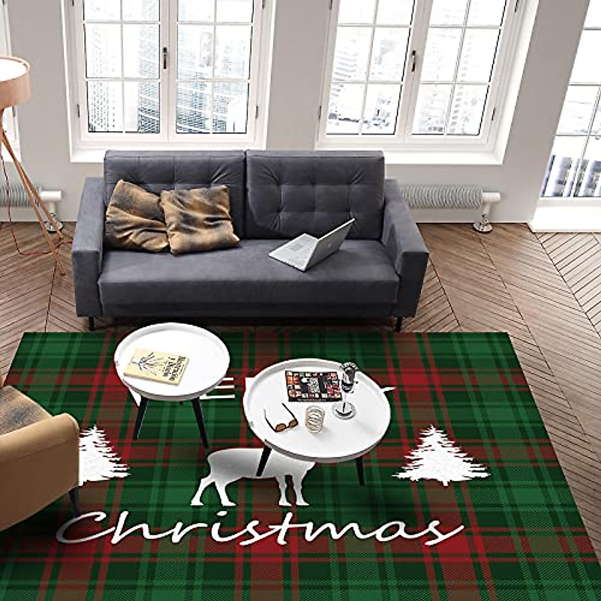 Area Rug Absorbent Non-Slip Rectangle Rug Merry Christmas Elk and Christmas Tree Red and Green Plaid Rugs for Living Room Bedroom Kitchen Entryway, Soft Floor Mat Indoor Carpet Accent Rugs 2x3 Feet
