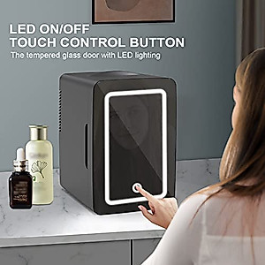 Living Enrichment Mini Fridge 6L Capacity, Portable Small Refrigerator Cooler or Warmer, AC DC Powered, Skincare Fridge with Mirror Door, for Food, Cosmetics, Home, Office and Car - Black