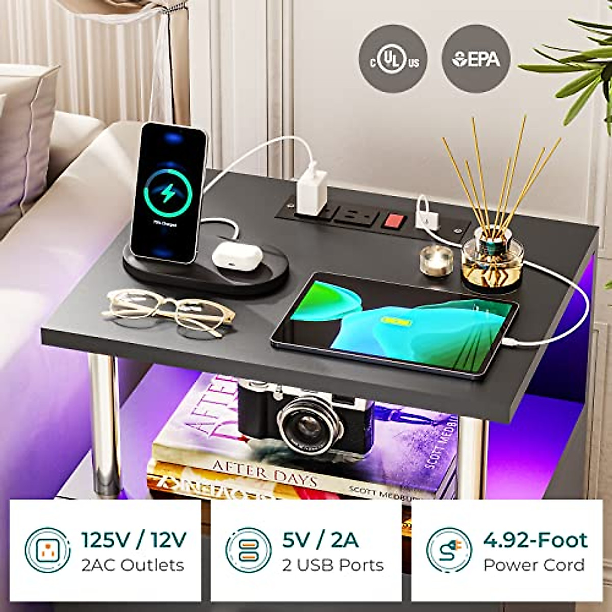 VIAGDO LED Nightstand with Charging Station and USB Ports, Black Night Stand with 2 Drawers, Modern End Side Tables with Open Storage, Bedside Tables for Bedroom, Office