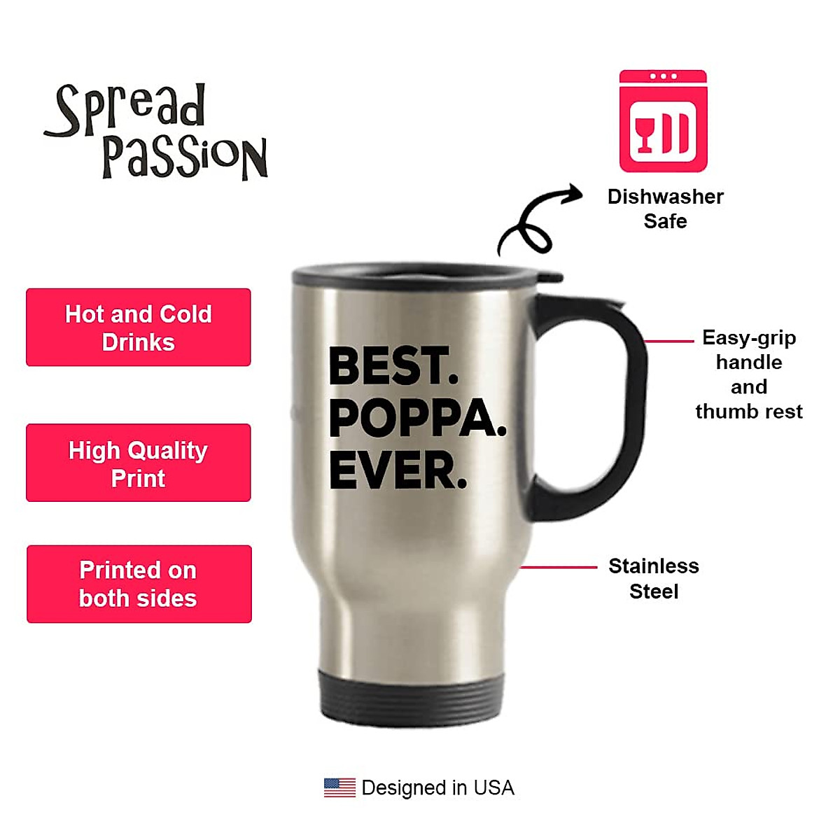 SpreadPassion Poppa Travel Mug - Best Poppa Ever - Gifts From Baby Kids Adults Grandchildren Grand kids