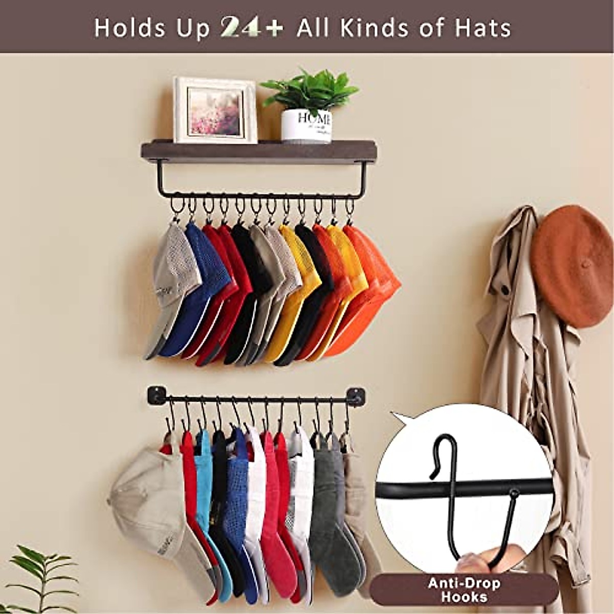 HYDERMUS Hat Rack for Wall with Shelf for 24 Baseball Caps Metal Hat Organizer with 12 Clips and 12 Hook Hat Holder Wall Mounted for Baseball Caps Trucker Hat and Others Hat Weathered Walnut