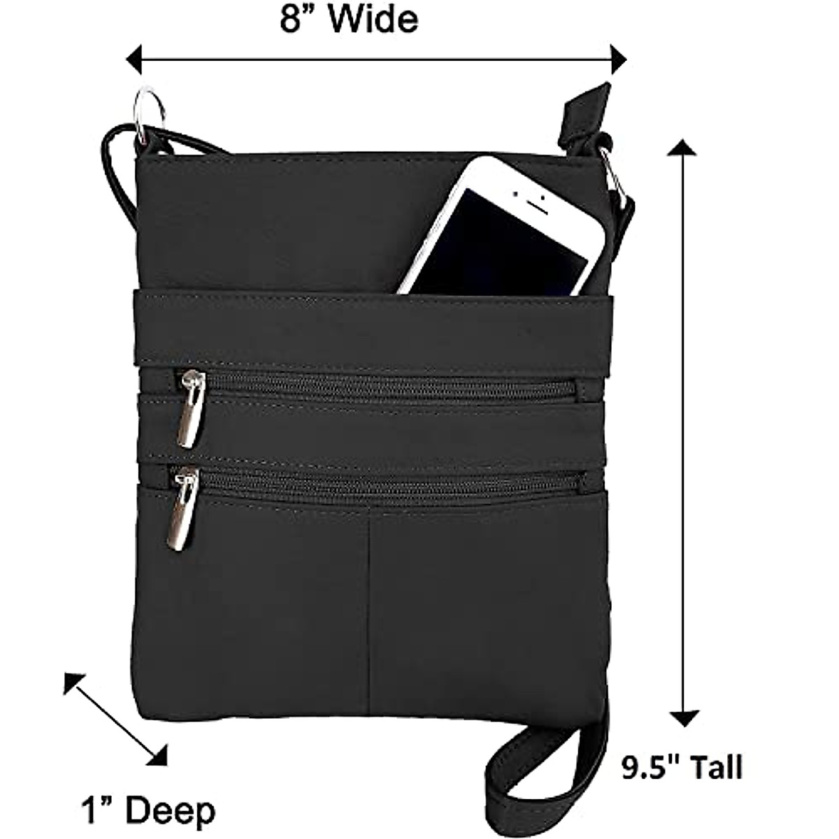 Roma Leathers Cross Body Purse - Premium Quality Leather - Designed in USA, Black