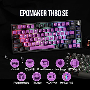 EPOMAKER TH80 SE Gasket 75% Mechanical Keyboard, NKRO Hot Swappable RGB 2.4Ghz/ Bluetooth 5.0/ Wired Gaming Keyboard with Poron/EVA Foam, 4000mah Battery (Black Purple, Flamingo Switch)