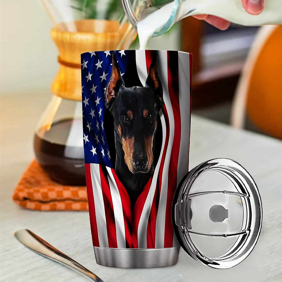 WmhrYpzhL Doberman Dog Travel Mug American Flag Coffee Mug Stainless Steel Insulated Tumbler For Ice Drinks＆Hot Beverage Gifts Doberman Dog