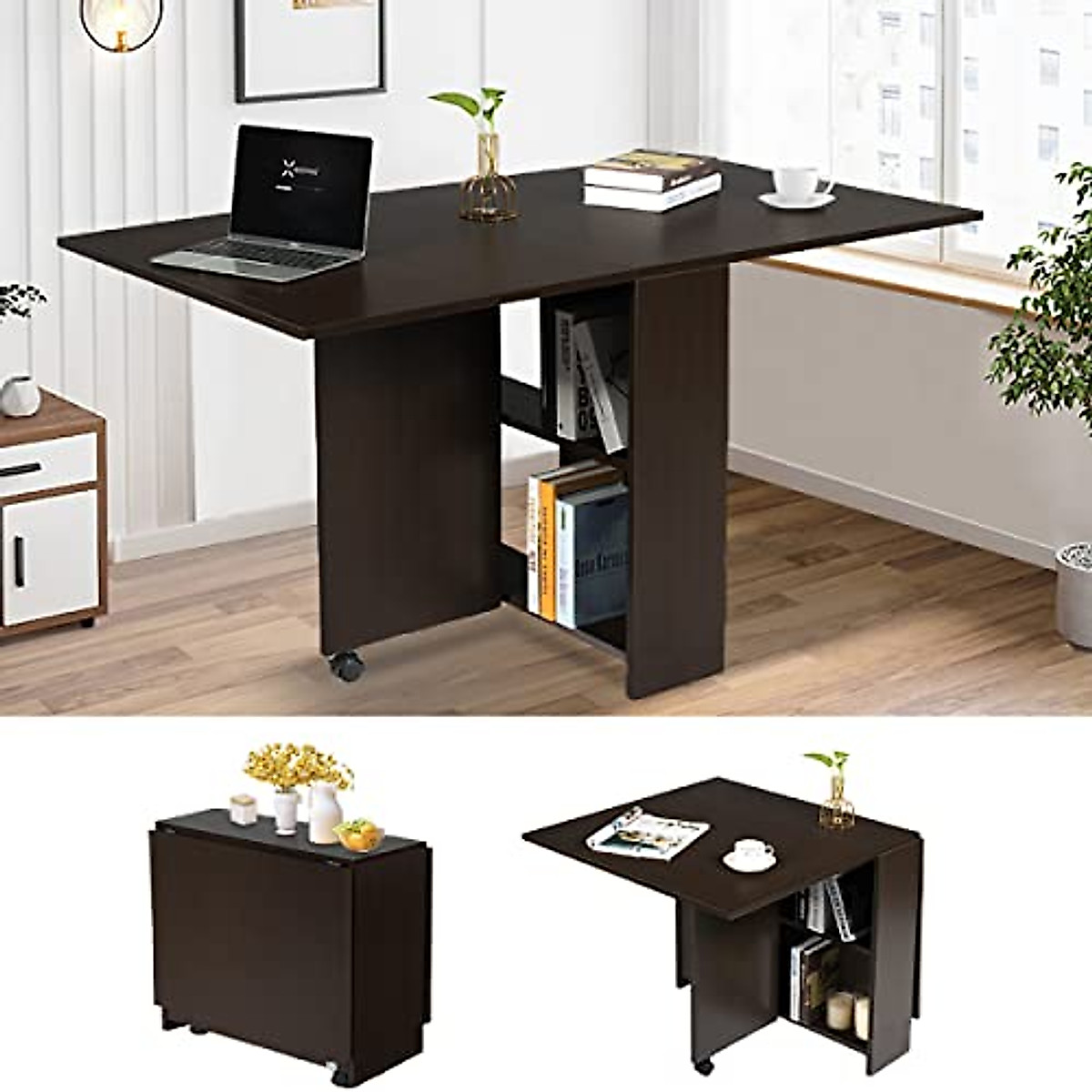 DINAZA Folding Dining Table Drop Leaf Table for Small Spaces with 2 Tier Storage Racks Multifunction Space Saving Table Extension Dinner Table for Kitchen Bedroom