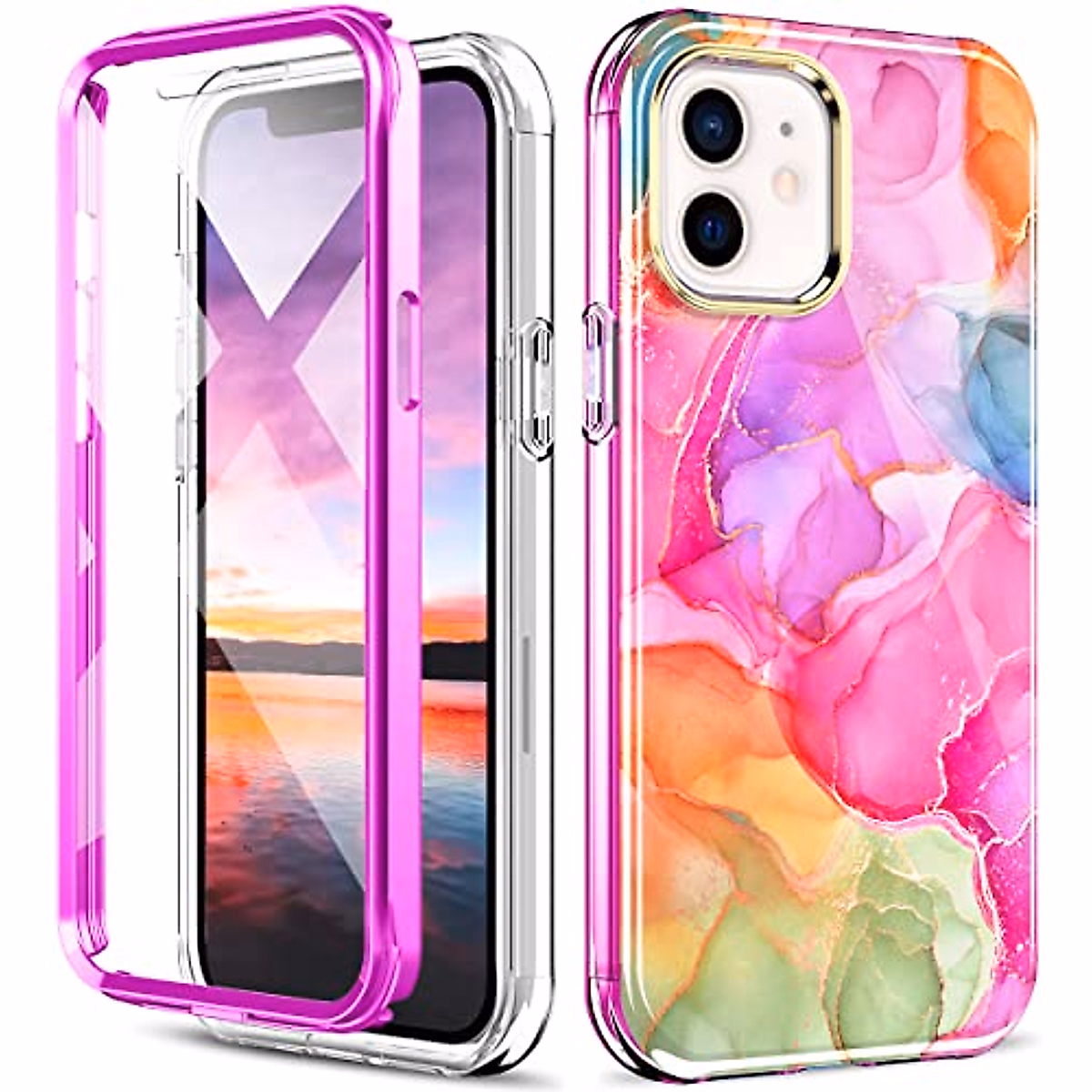 Hocase for iPhone 12 Case iPhone 12 Pro Case, (with Built-in Screen Protector) Cute Rugged Shockproof Slim Lightweight TPU Full Body Protective Case for iPhone 12/12 Pro (6.1") - Purple Meets Pink