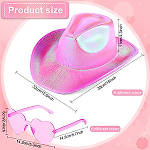 12 Pcs Holographic Space Cowgirl Hat with Rimless Sunglasses Neon Sparkly Cowboy Hat and Heart Sunglasses for Women Men Party(hot pink, pink, purple, blue, green and white)