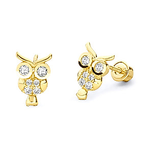 Wellingsale 14K Yellow Gold Polished Owl Stud Earrings With Screw Back