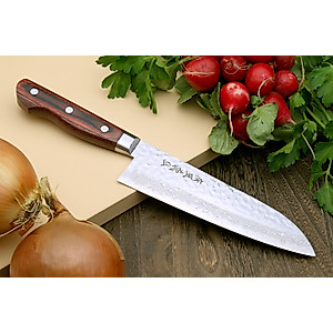 Yoshihiro VG-10 16 Layer Hammered Damascus Stainless Steel Santoku Chefs Knife (7'' (180mm))