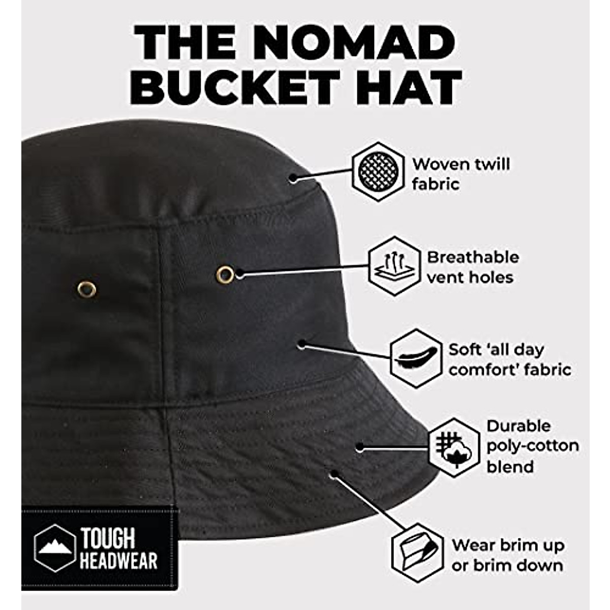 Tough Headwear Bucket Hat for Men & Women - UPF50+ Sun Protection - Foldable Beach Hat - Black