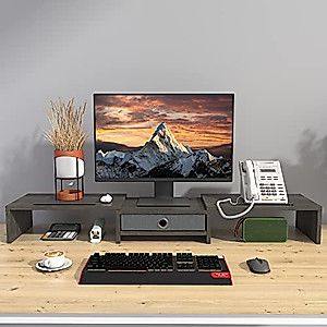 WESTREE Dual Monitor Stand Riser with Drawer, 3 Shelf Computer Monitor Riser with Adjustable Length and Angle, Desktop Monitor Stand Riser Storage Organizer for 2 Monitors