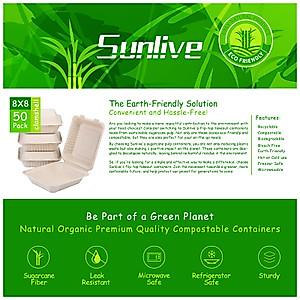 Sunlive 100% Home Compostable 50 Pack Disposable Clamshell Take Out Food Containers, 8X8'' 1-Compartment to go Containers, Heavy-Duty to go Boxes, Eco-Friendly Biodegradable, Made of Sugarcane Fibers