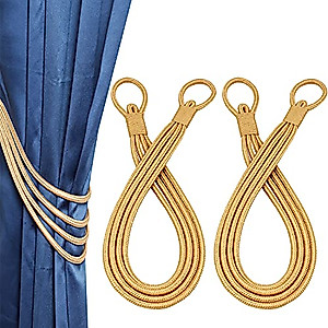 MALANOV Curtain 4 Strand Ropes Tiebacks Tie-Backs, Curtain Handmade Holdbacks, Polyester 4 Strand Cord Rope Tieback - Gold 2 Pack