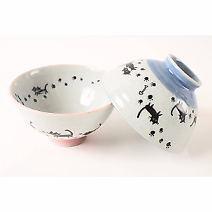 Mino ware Japanese Pottery Pair Rice Bowl Black Cats & Foot Prints Blue & Pink made in Japan (Japan Import) MIG005