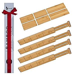 Bamboo Drawer Dividers Set of 4, Expandable Drawer Organizer, Utensil Drawer Organizer, Dresser Drawer Divider, Drawer Separators, Adjustable Drawer Divider with Secure Hold and Protective Padding